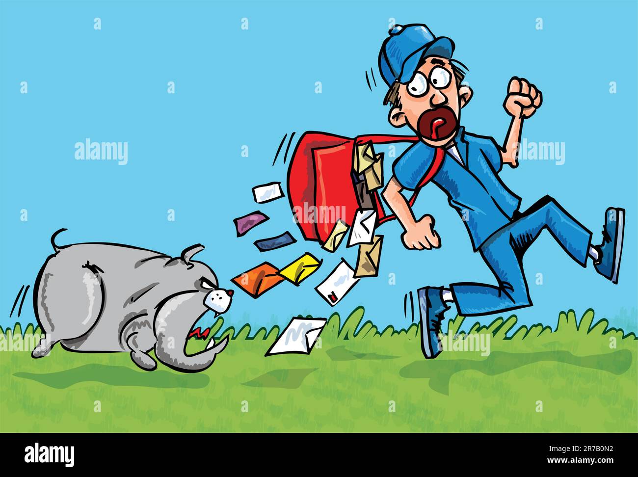 Cartoon postman running away from a dog. He is dropping his letters ...