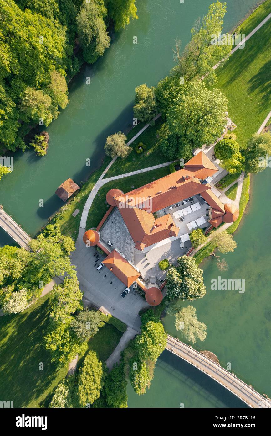 Aerial view of Otocec Castle on Krka River, Dolenjska, Slovenia Stock ...