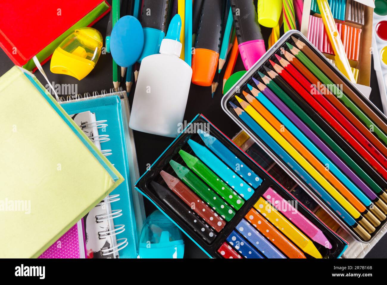 School supplies bottom border on a chalkboard background Stock Photo ...