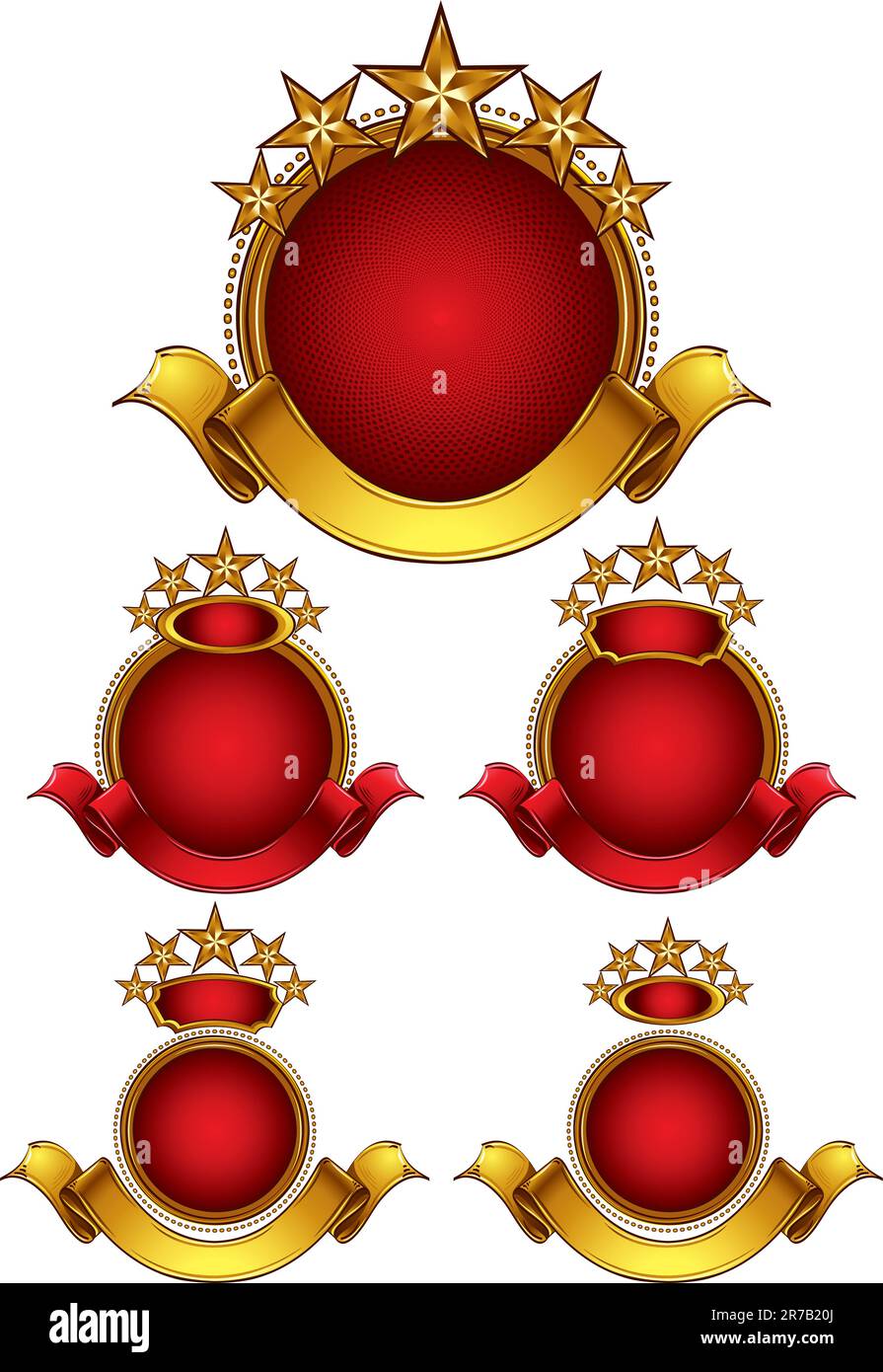Five stars emblems set. Circle emblems with ribbons, golden stars and ...