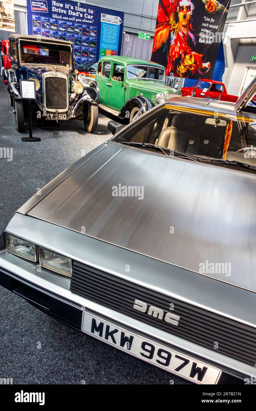 DMC DeLorean amongst cars on show at the Great British Car Journey a ...