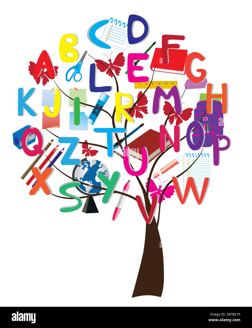 vector illustration of alphabet tree with school supplies Stock Vector ...