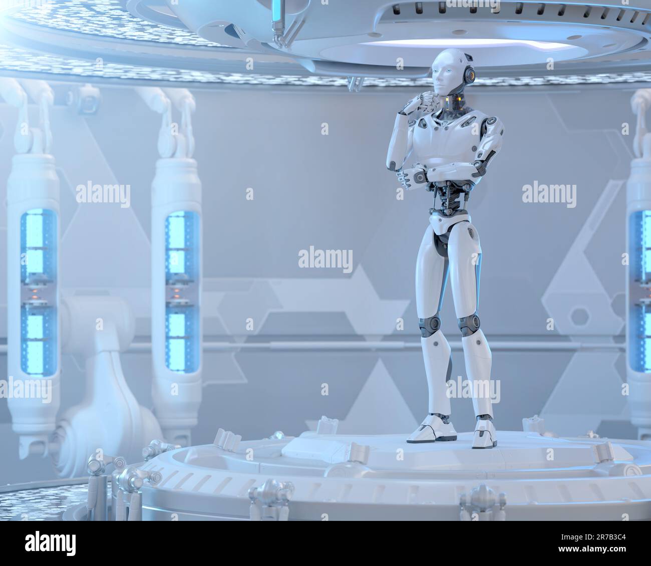 Robot standing in Sci-Fi interior. 3D illustrration Stock Photo - Alamy