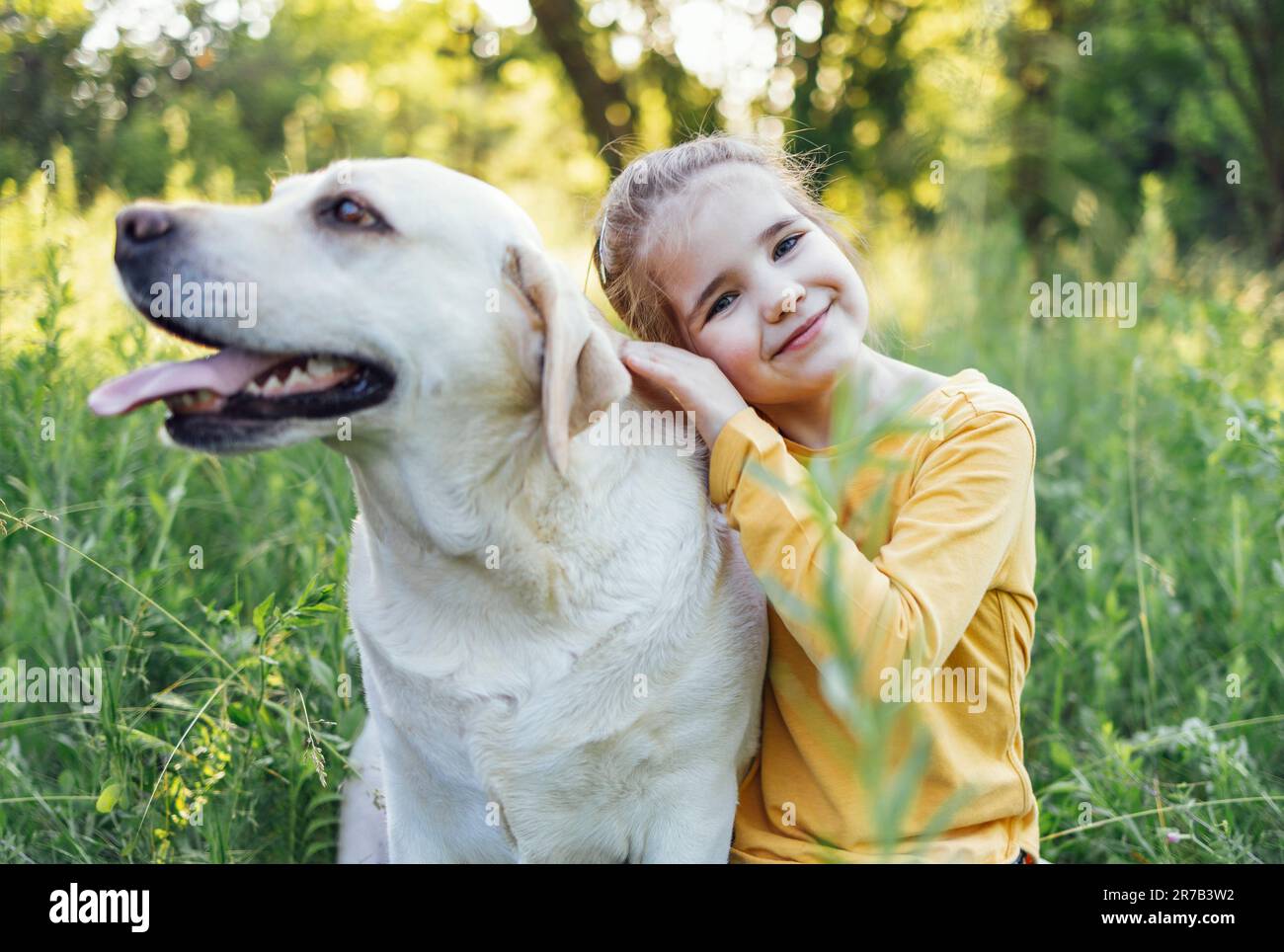 Cute little girl hugging her pet dog - golden labrador retriever. Cute ...