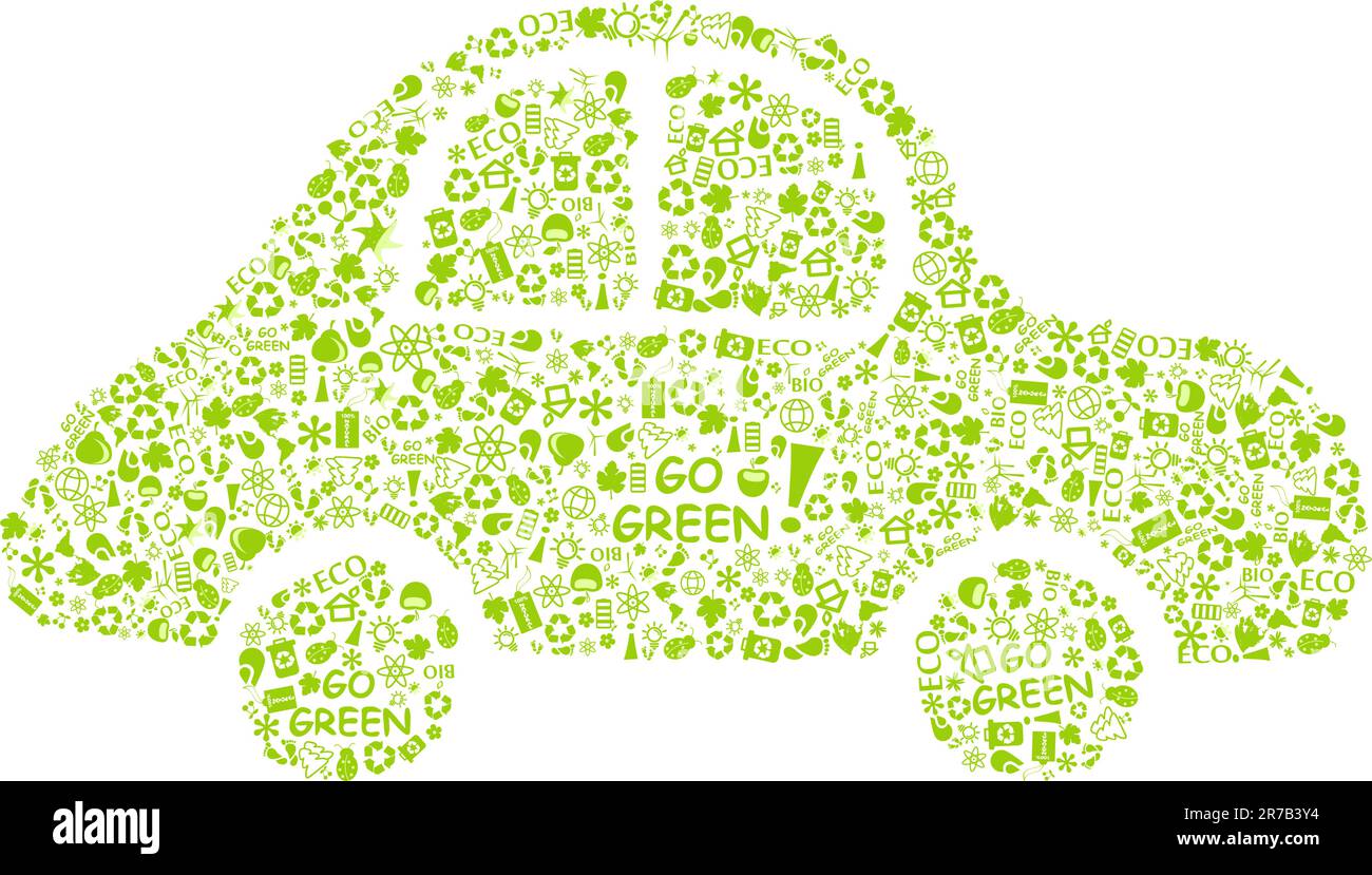 go green eco pattern car on white backdrop - bulb, leaf, globe, drop ...