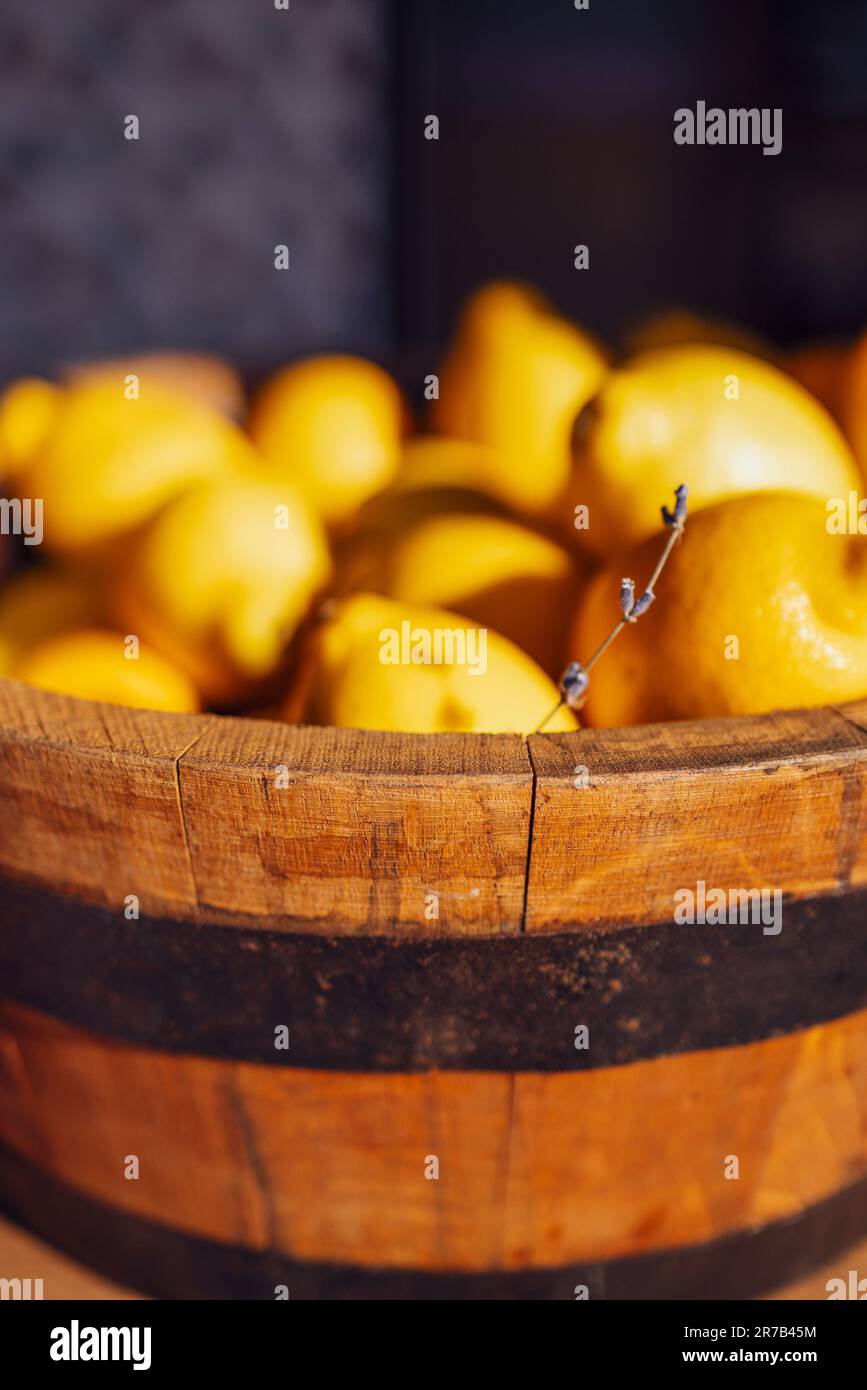 Extrime closeup of vertical view of a wooden bucket full of fresh ...