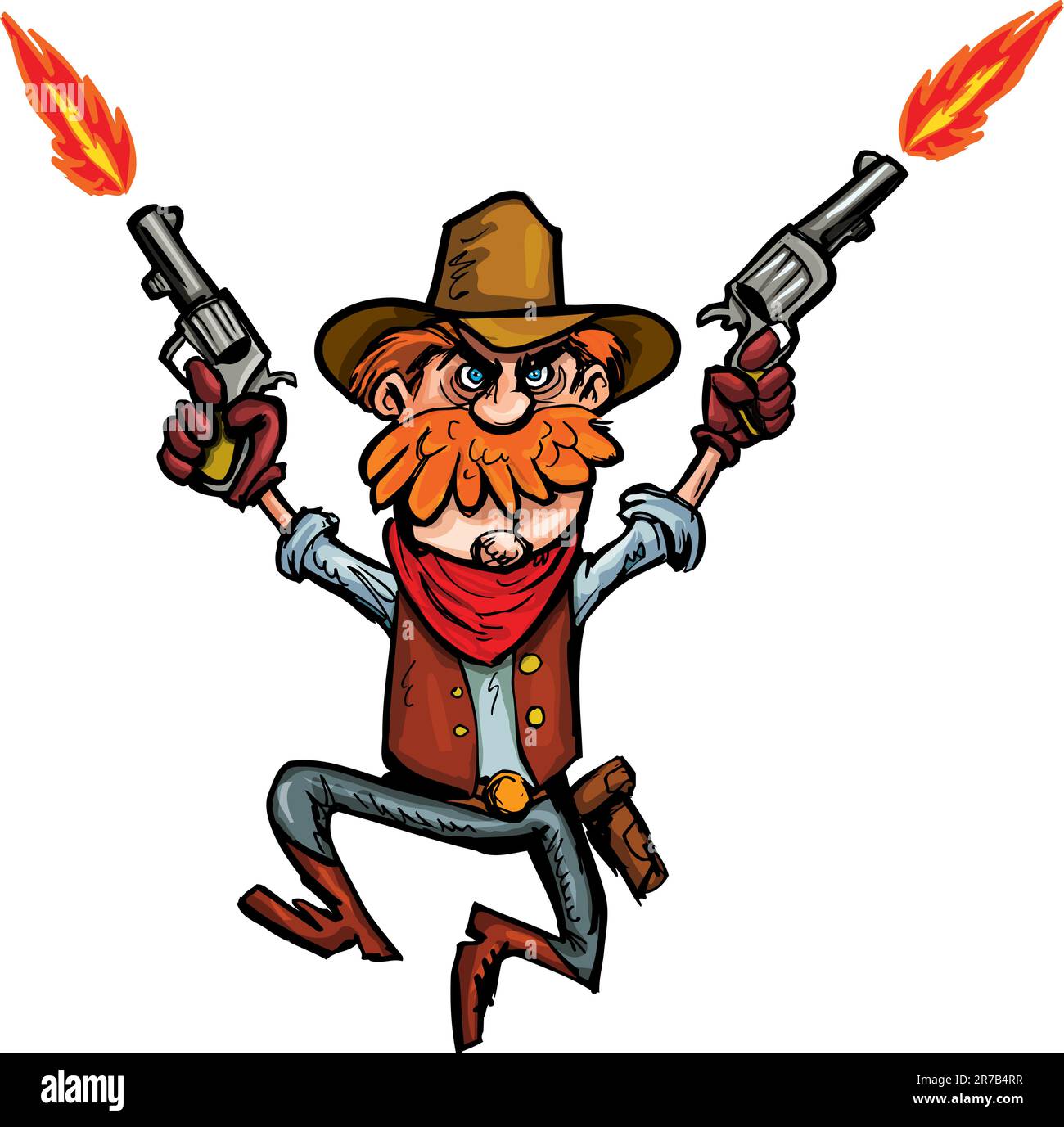 Cartoon cowboy jumping up and down with six guns. Isolated on white ...