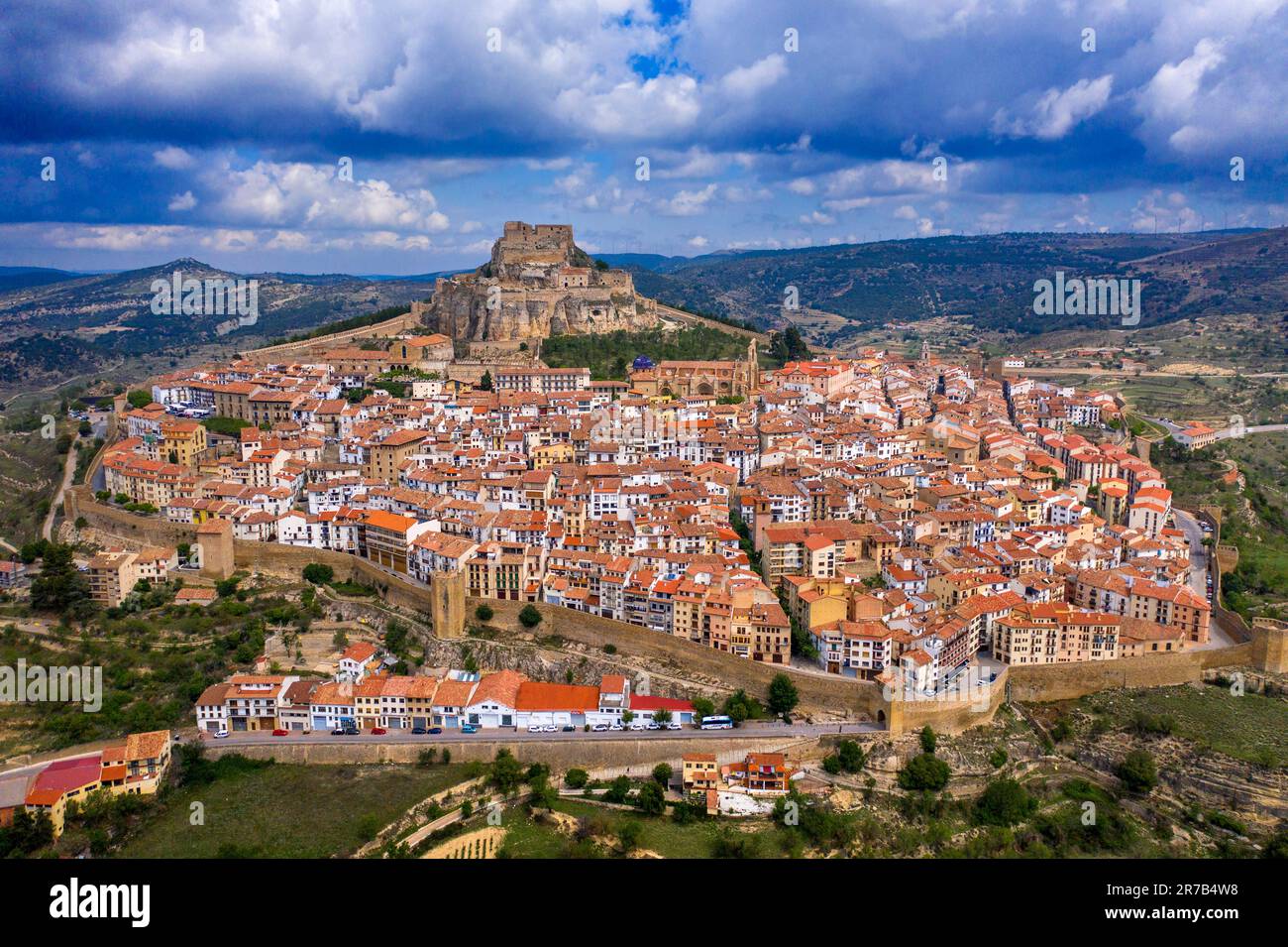 Aerial sunset view of Morella, medieval walled town with semi circular ...