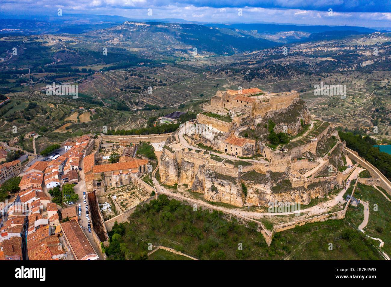 Aerial sunset view of Morella, medieval walled town with semi circular ...