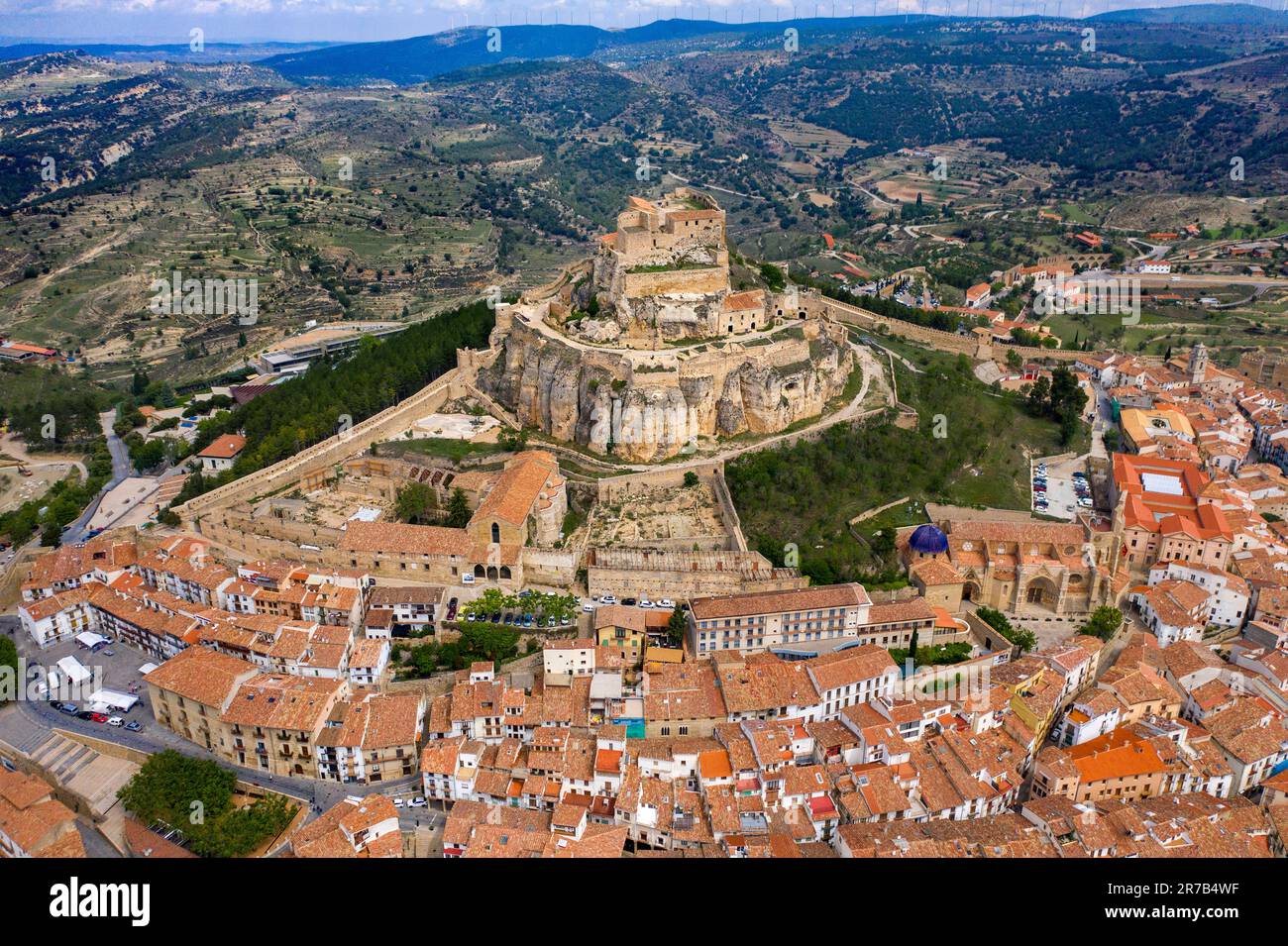 Aerial sunset view of Morella, medieval walled town with semi circular ...