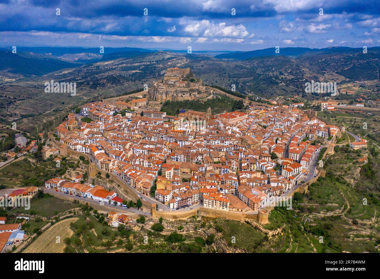Aerial sunset view of Morella, medieval walled town with semi circular ...
