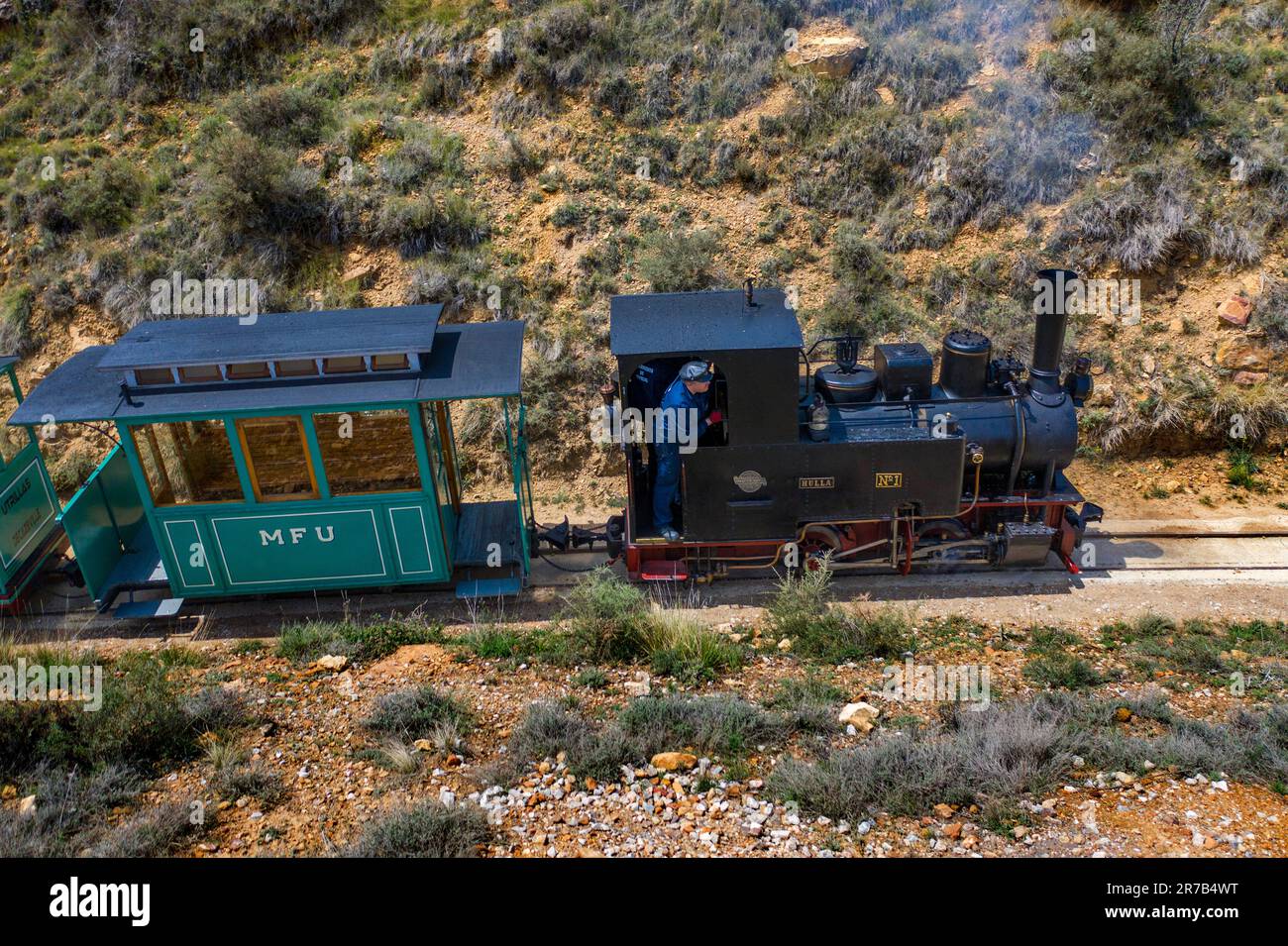 Aerial view of steam train, Utrillas mining train and Utrillas Mining ...
