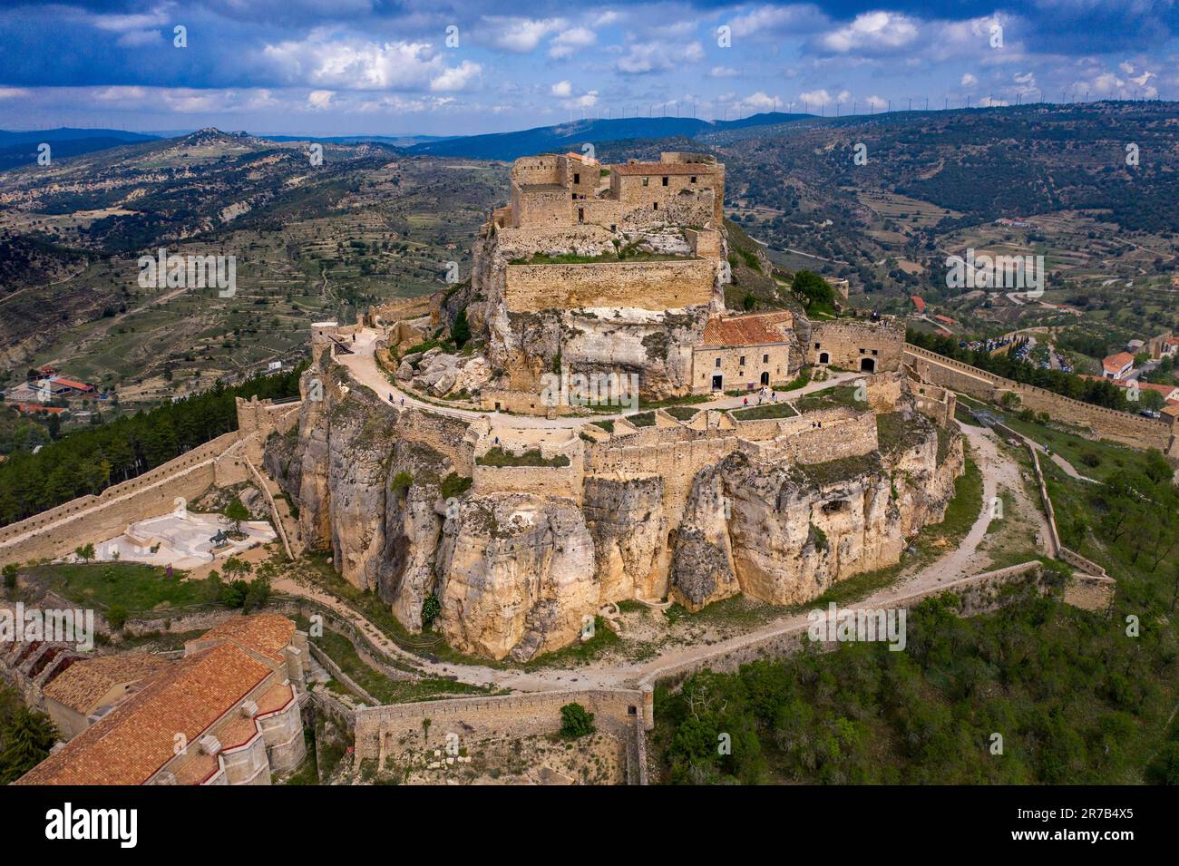Aerial sunset view of Morella, medieval walled town with semi circular ...