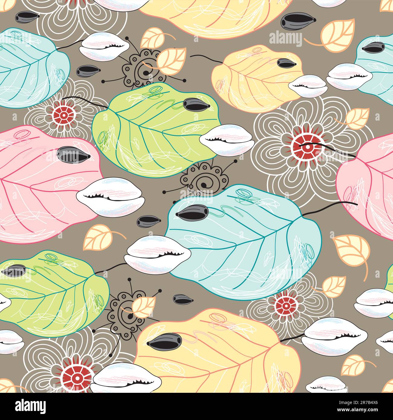 seamless pattern of colored leaves and shells on a brown background ...