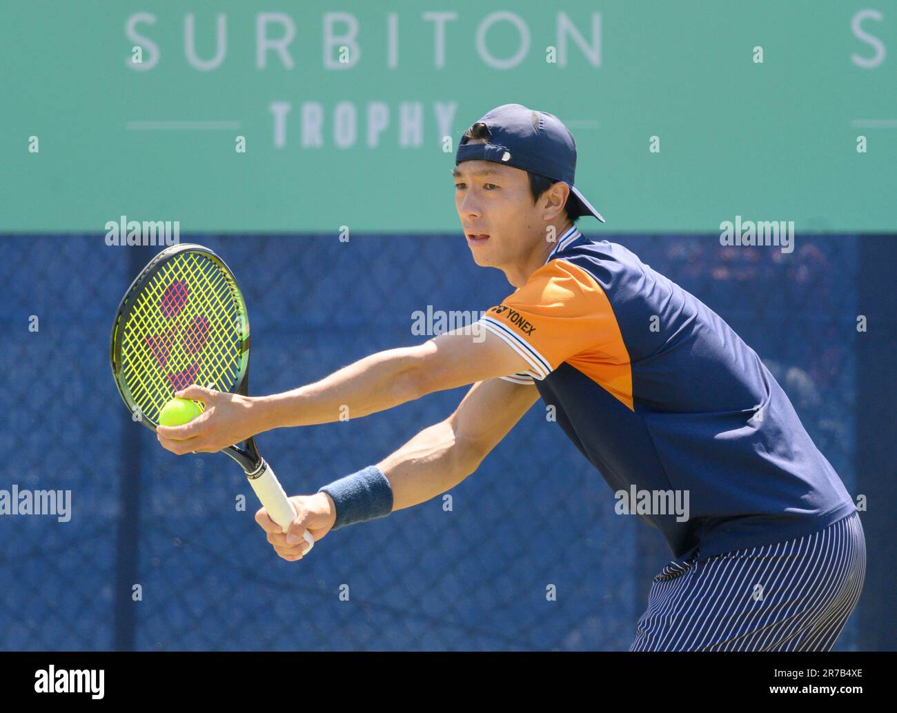 Seongchan Hong (Korea) playing in a qualifying match at the Surbiton Trophy, London, 4th June ...