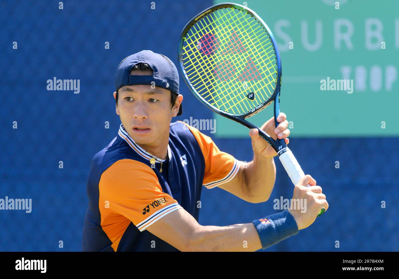Seongchan Hong (Korea) playing in a qualifying match at the Surbiton Trophy, London, 4th June ...