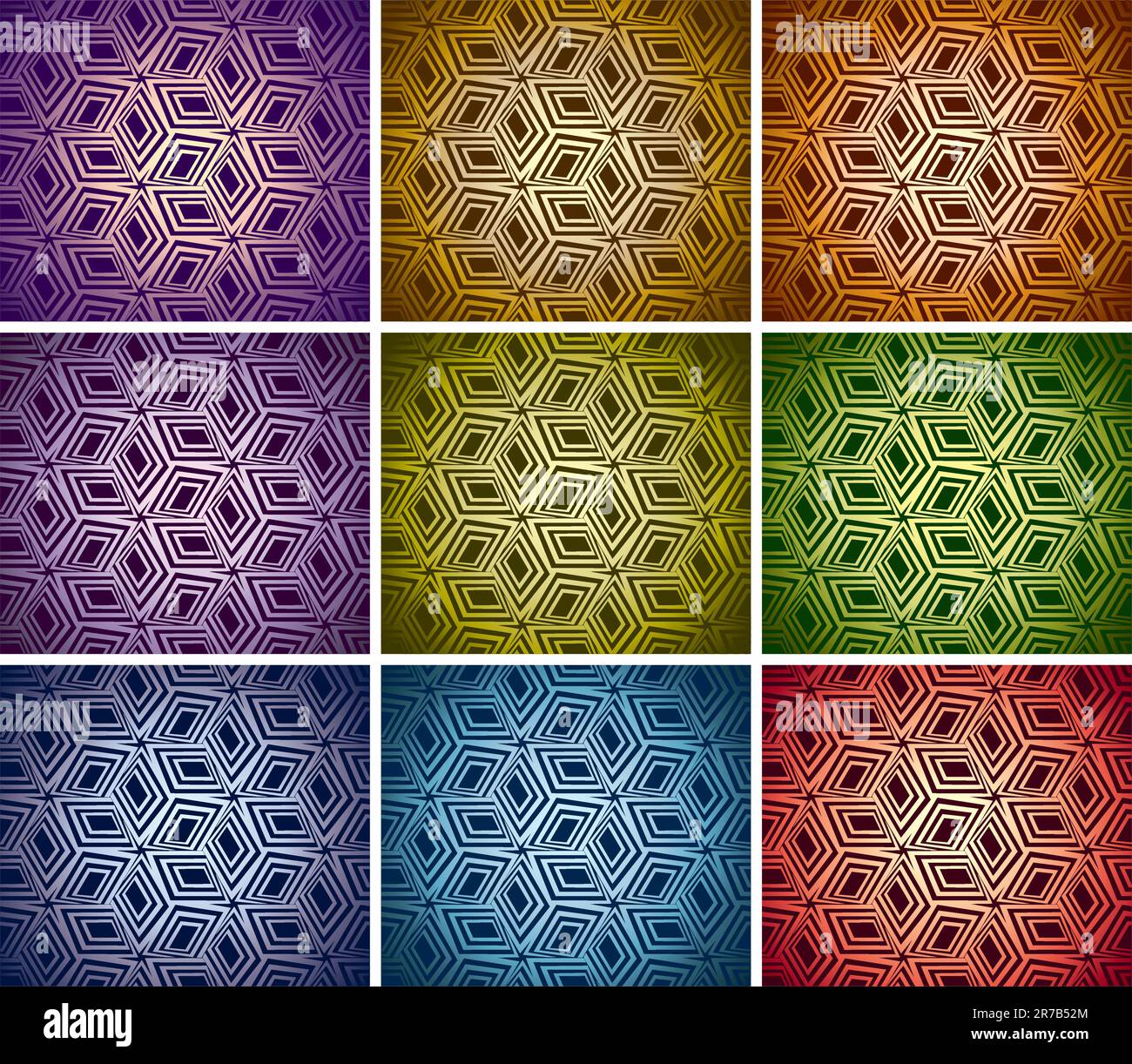 Set of different color halftones geometric patterns. 3d boxes repeat backgrounds collection ...