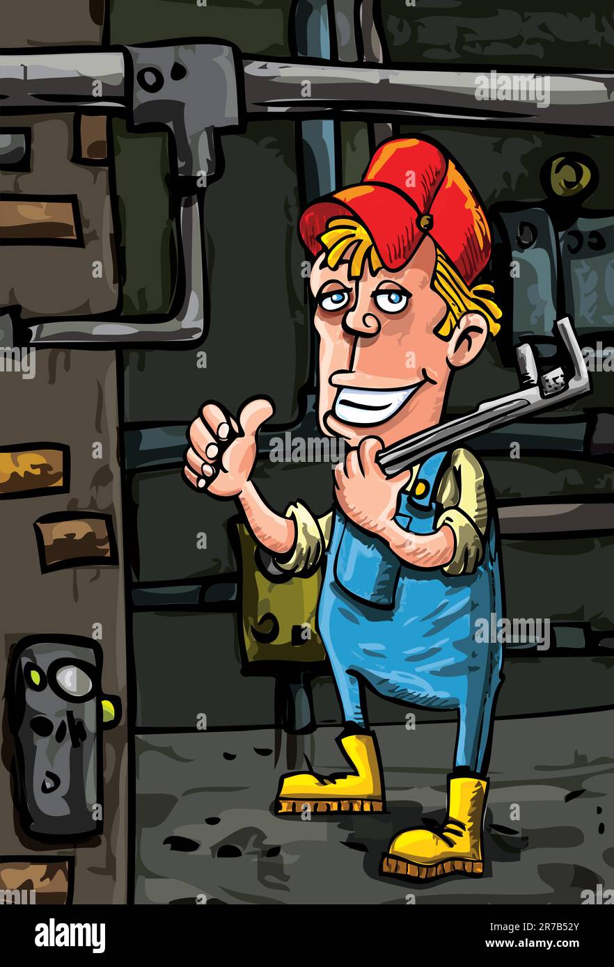 Cartoon plumber holding a tool with a sewer back ground Stock Vector ...