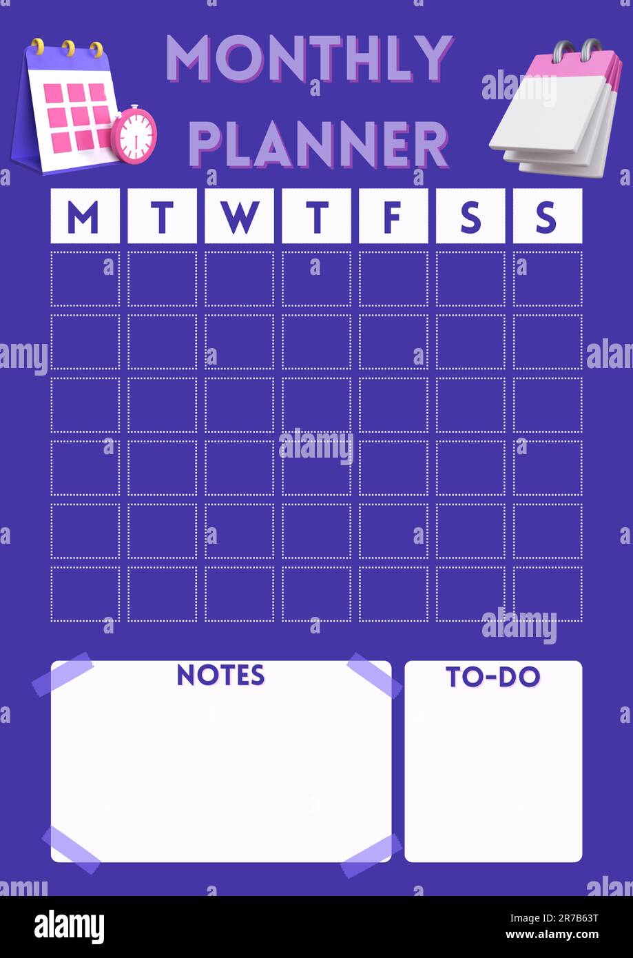 A digital illustration of a vibrant blank monthly planner template ...