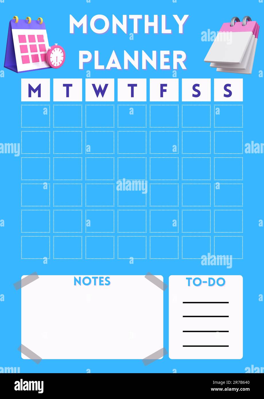 A digital illustration of a vibrant blank monthly planner template ...