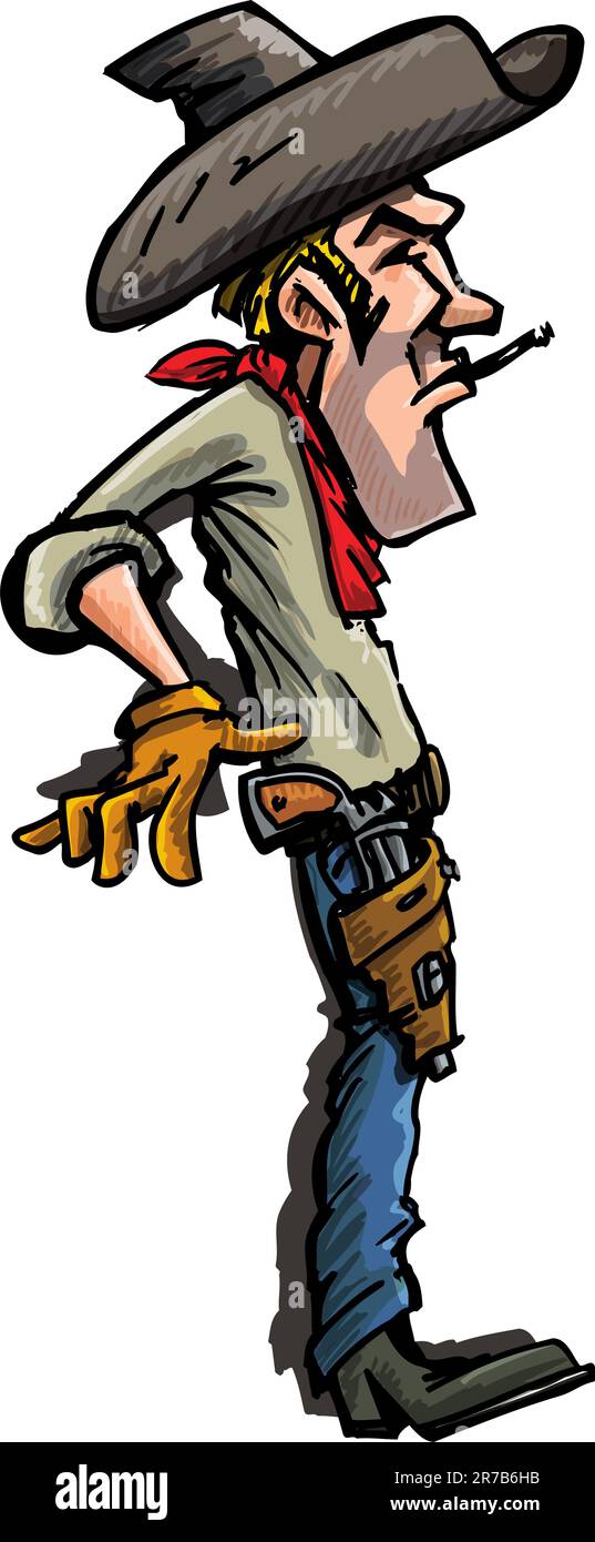 Cartoon cowboy ready to draw his guns. Side view isolated on white ...