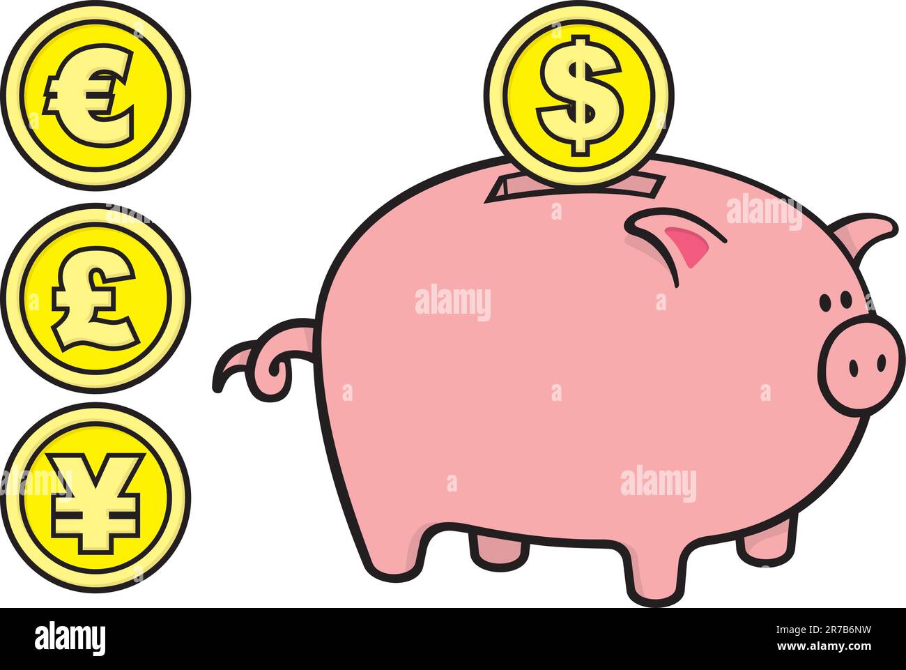 Pink piggy bank cartoon illustration with coins on white background ...