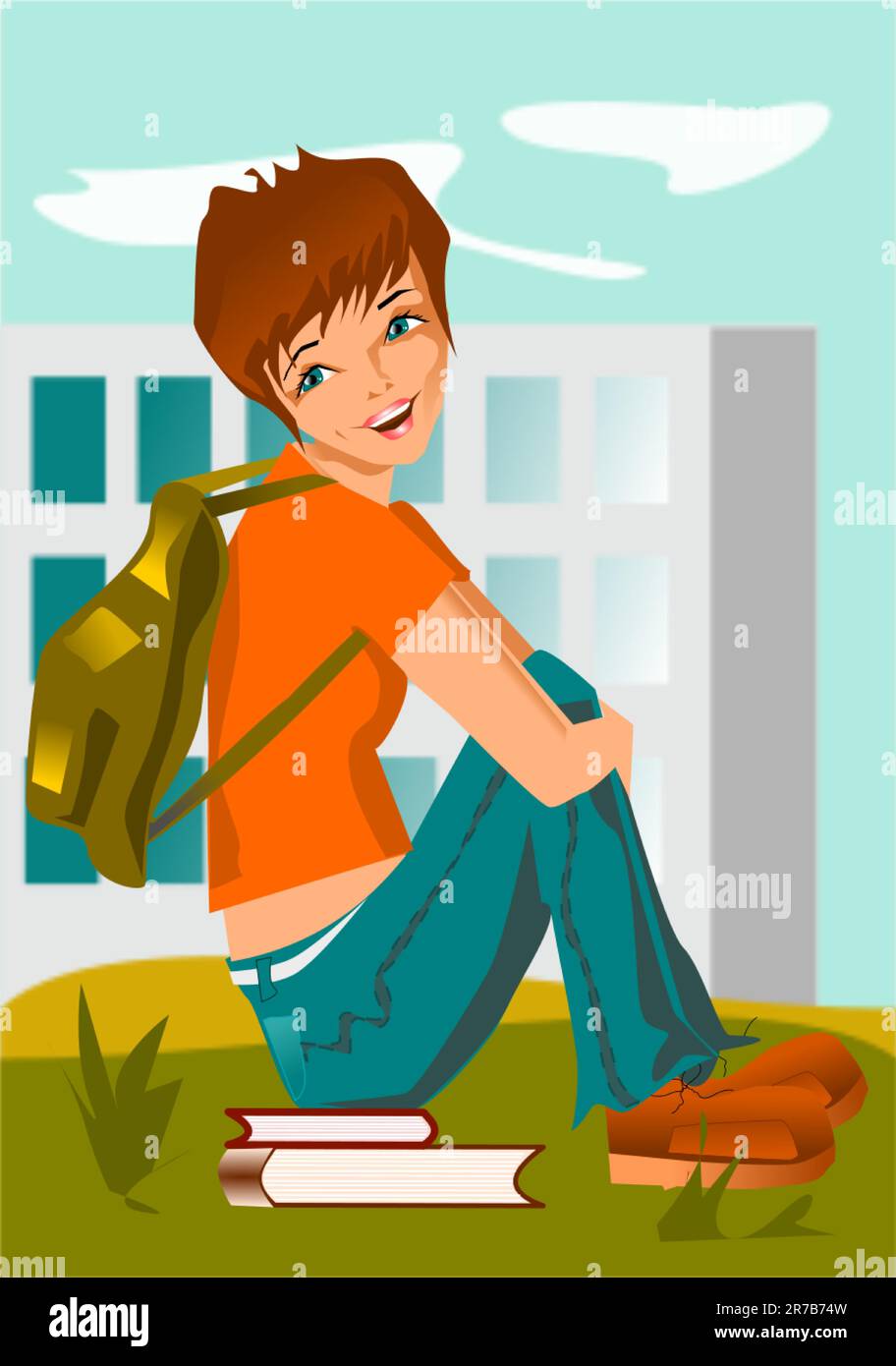 illustration of a student relaxing on a school playground Stock Vector ...