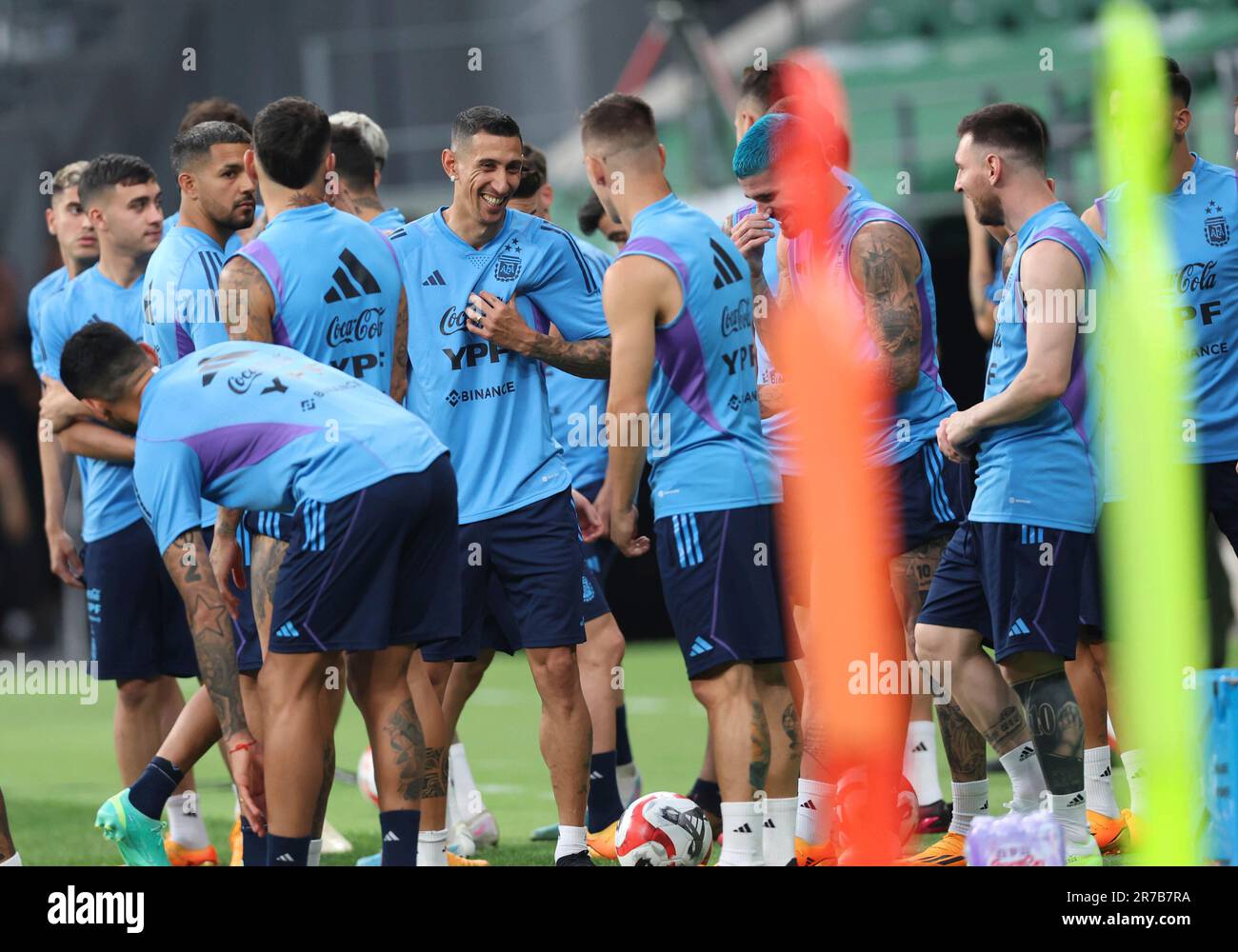 Argentina's Lionel Messi (R1) attends a training session in Beijing ...