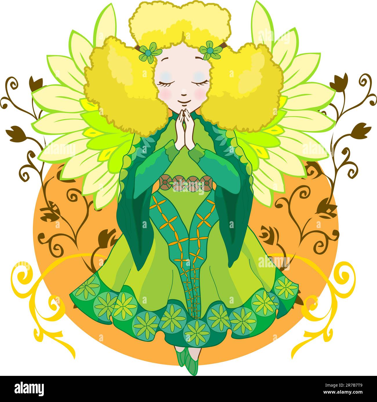 Cute praying angel with decorative brunch and leaves Stock Vector Image ...