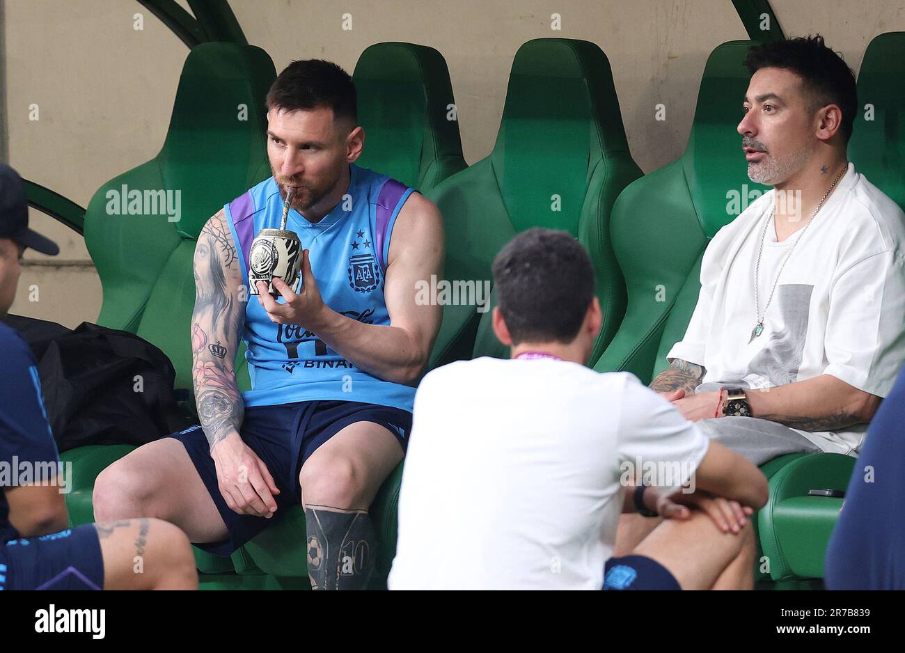 Argentina's Lionel Messi drinks mate tea during a training session in ...