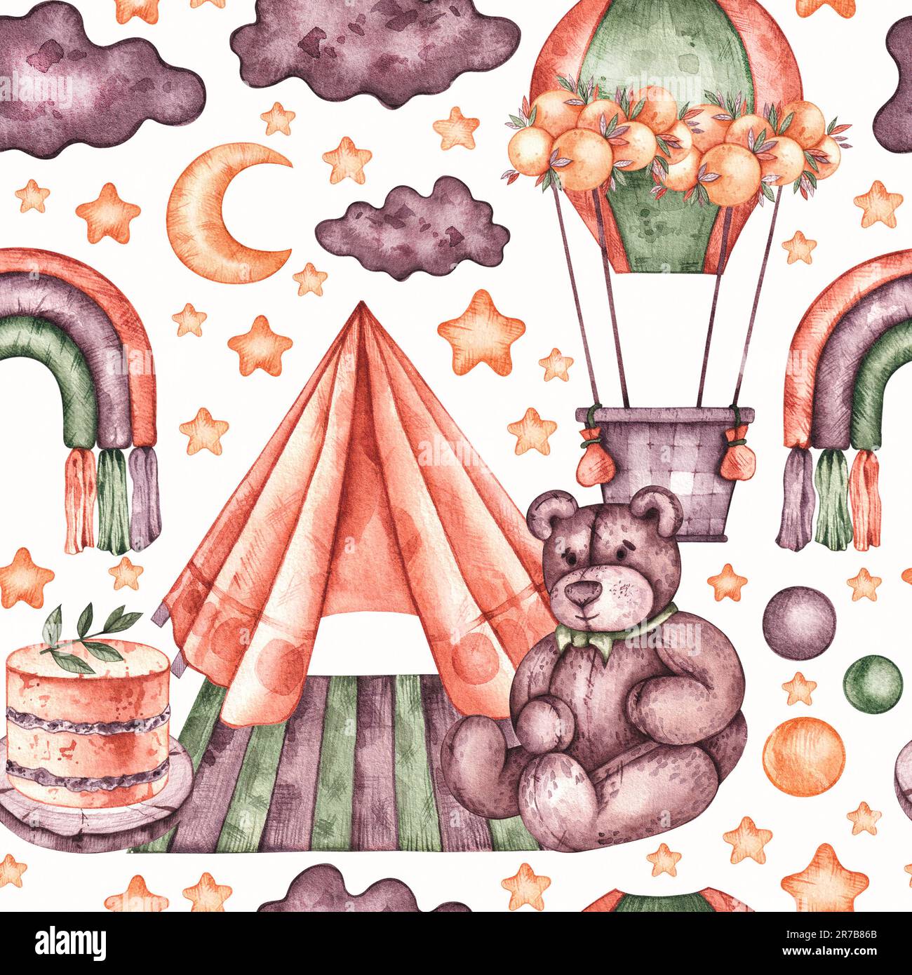 Watercolor kids pattern with teddy bear in boho style. Children's ...