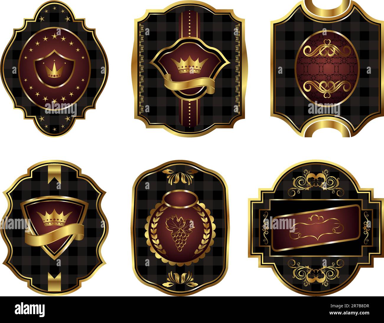 Illustration set black gold-framed labels with squares mosaic texture ...