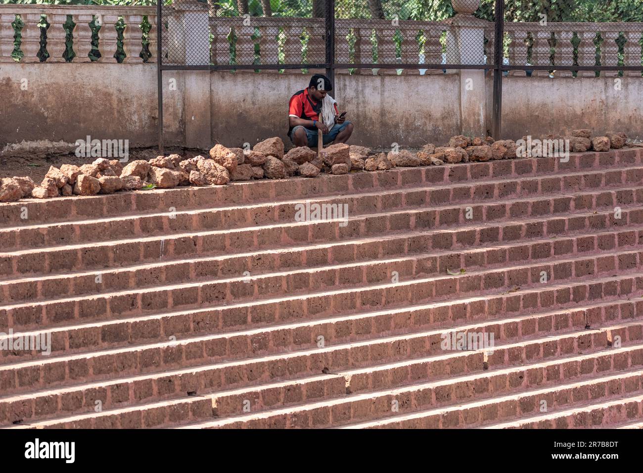 Old Goa, India - January 2023: Detail of laterite brick steps of an old ...