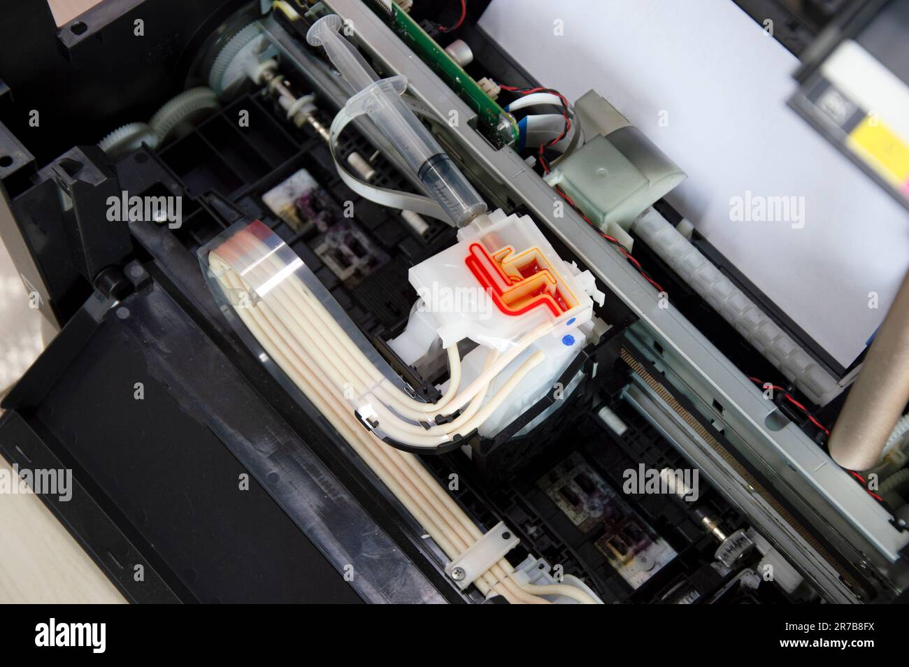 Top view inside the printer repairing a problem color Stock Photo - Alamy