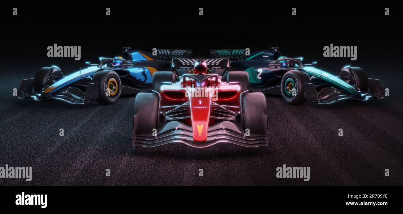 Formula one race cars on dark background without any branding - 3D ...