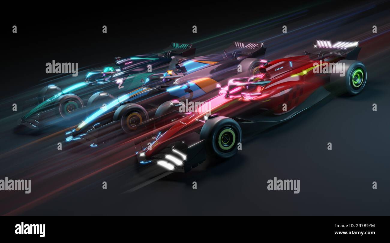 Formula one race cars on dark background without any branding - 3D ...