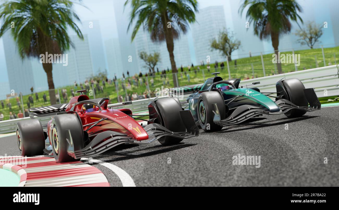Formula one race cars on track without any branding - 3D rendering ...