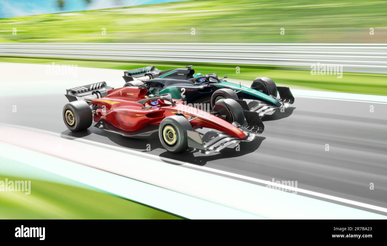 Formula one race cars on track without any branding - 3D rendering ...