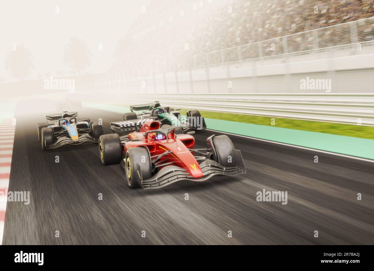Formula one race cars on track without any branding - 3D rendering ...