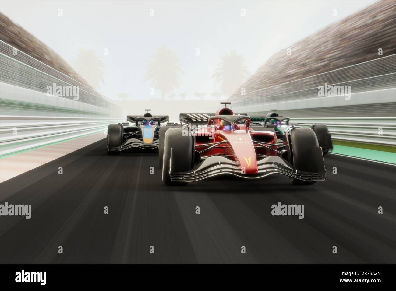 Formula one race cars on track without any branding - 3D rendering ...