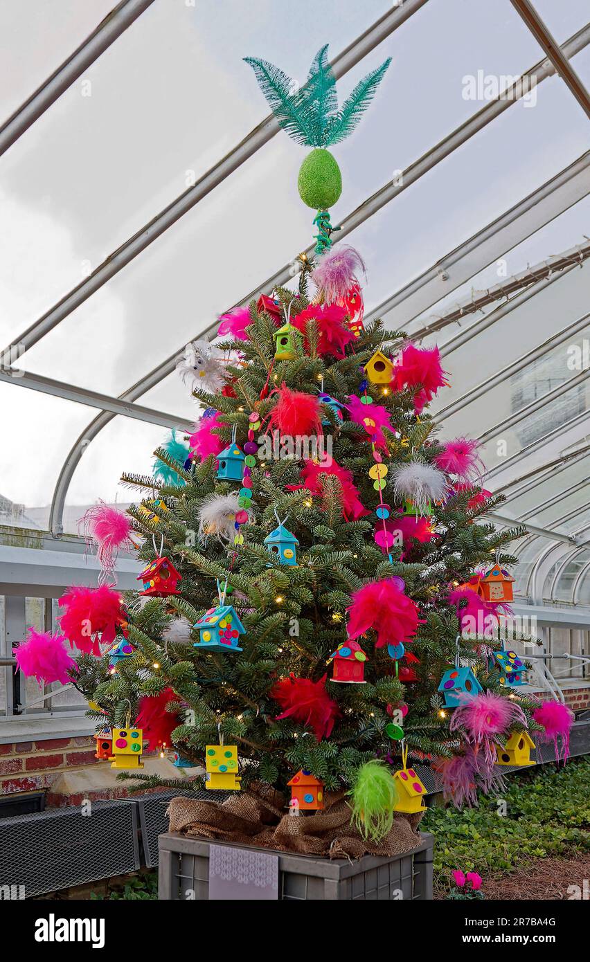 Christmas tree, birdhouses, feathery birds, very colorful decorations ...