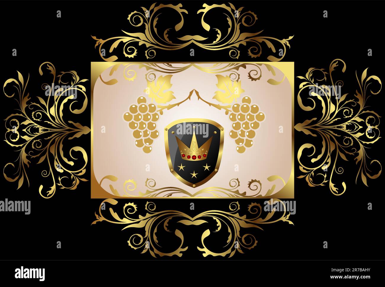 Illustration golden floral frame with grapevine, shield, crown - vector ...