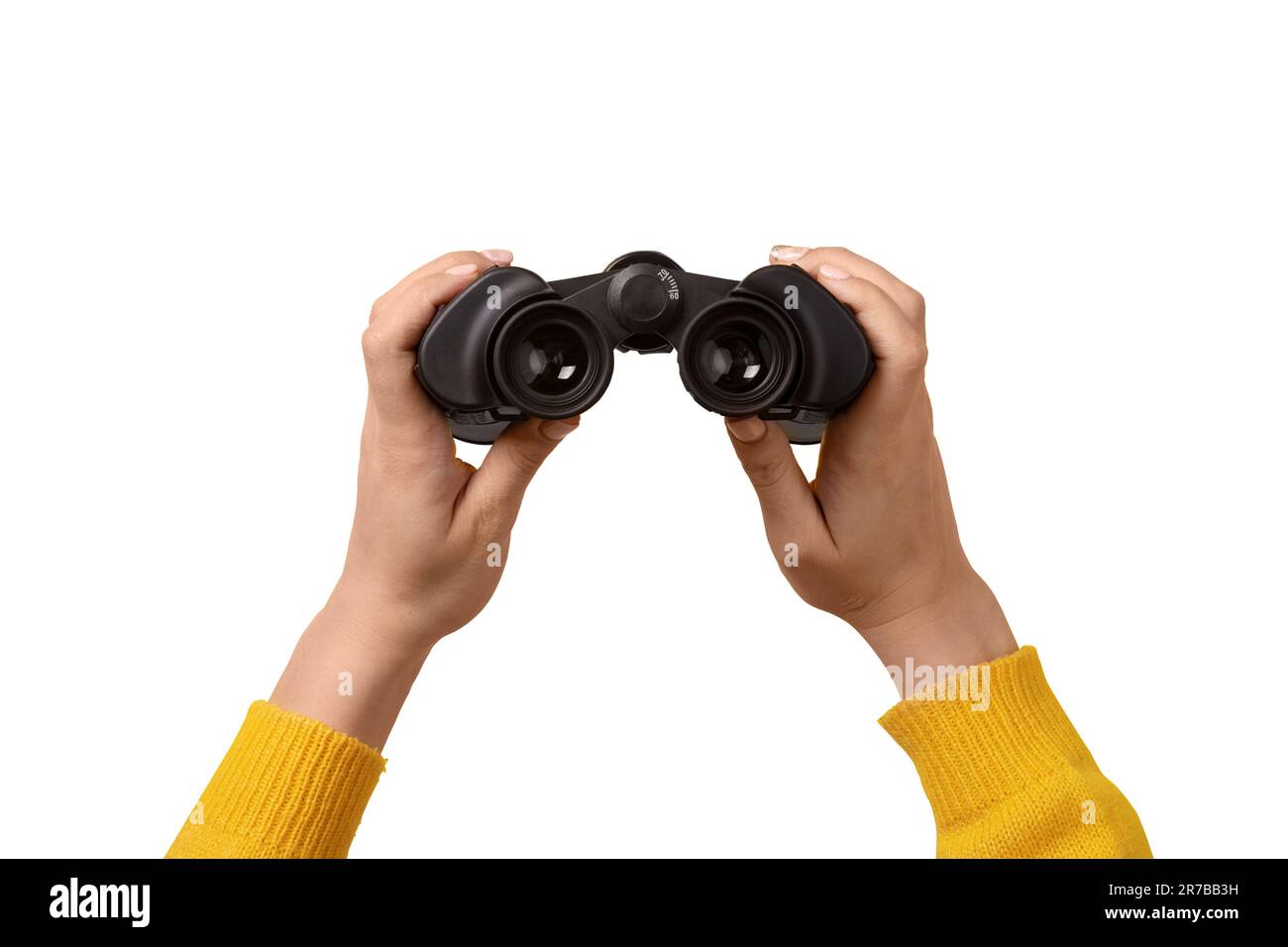 binoculars in hand isolated on white background, find and search ...