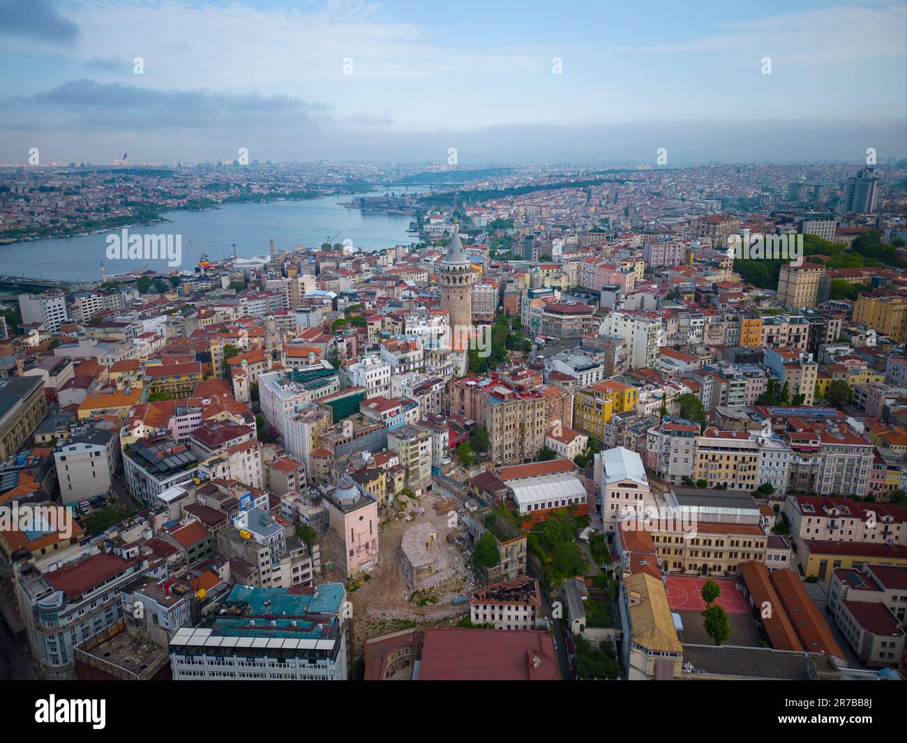 Golden Horn and Beyoglu historic district aerial view in morning ...