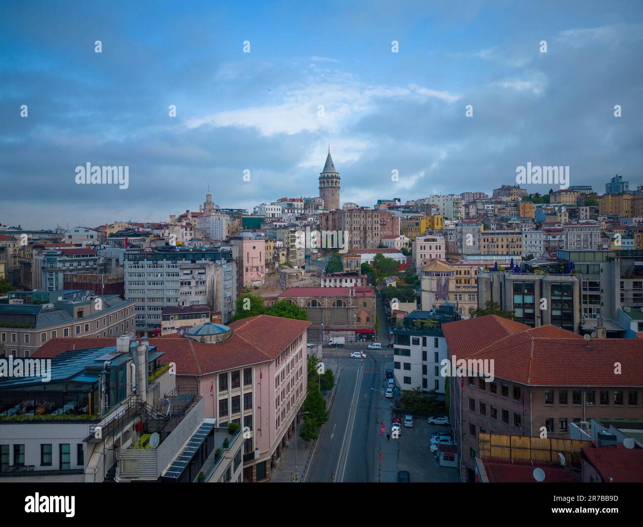 Galata Tower aerial view with morning twilight in Beyoglu district in ...