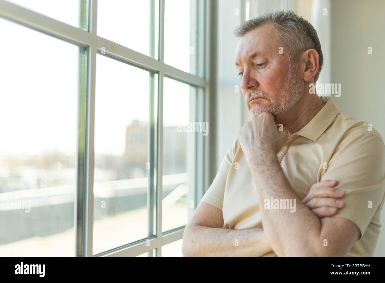 Sad tired lonely disappointed older senior man at home alone. Unhappy ...