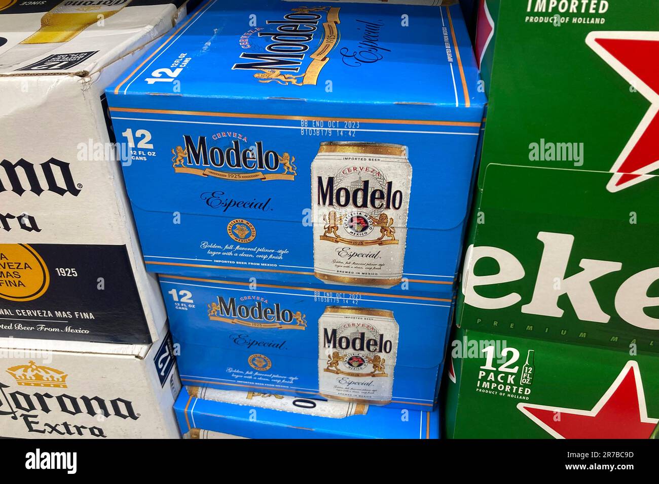 Cases of Modelo Especial beer are shown at a supermarket in New York on ...
