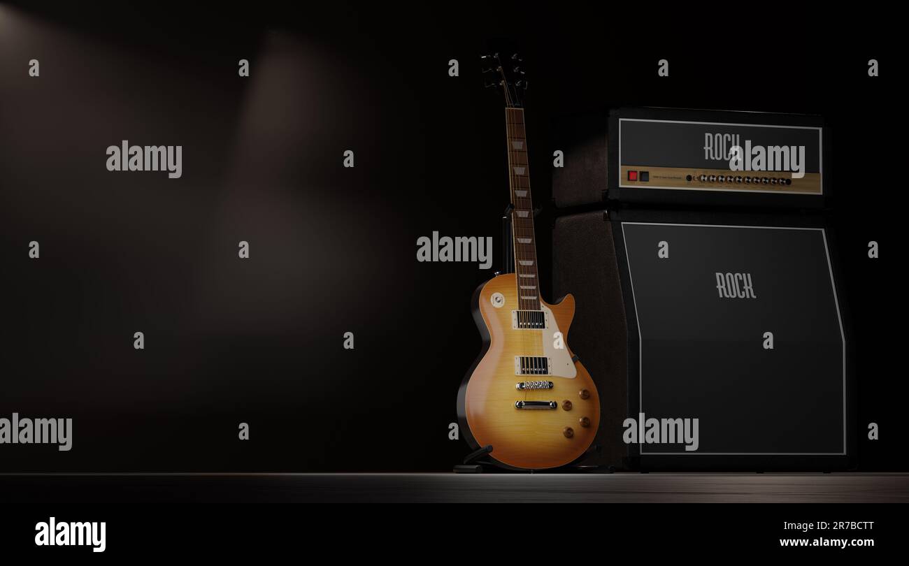 Rock Electric Guitar with amplifier on stage Stock Photo - Alamy