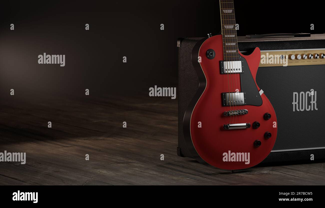 Rock Electric Guitar with amplifier on stage Stock Photo - Alamy