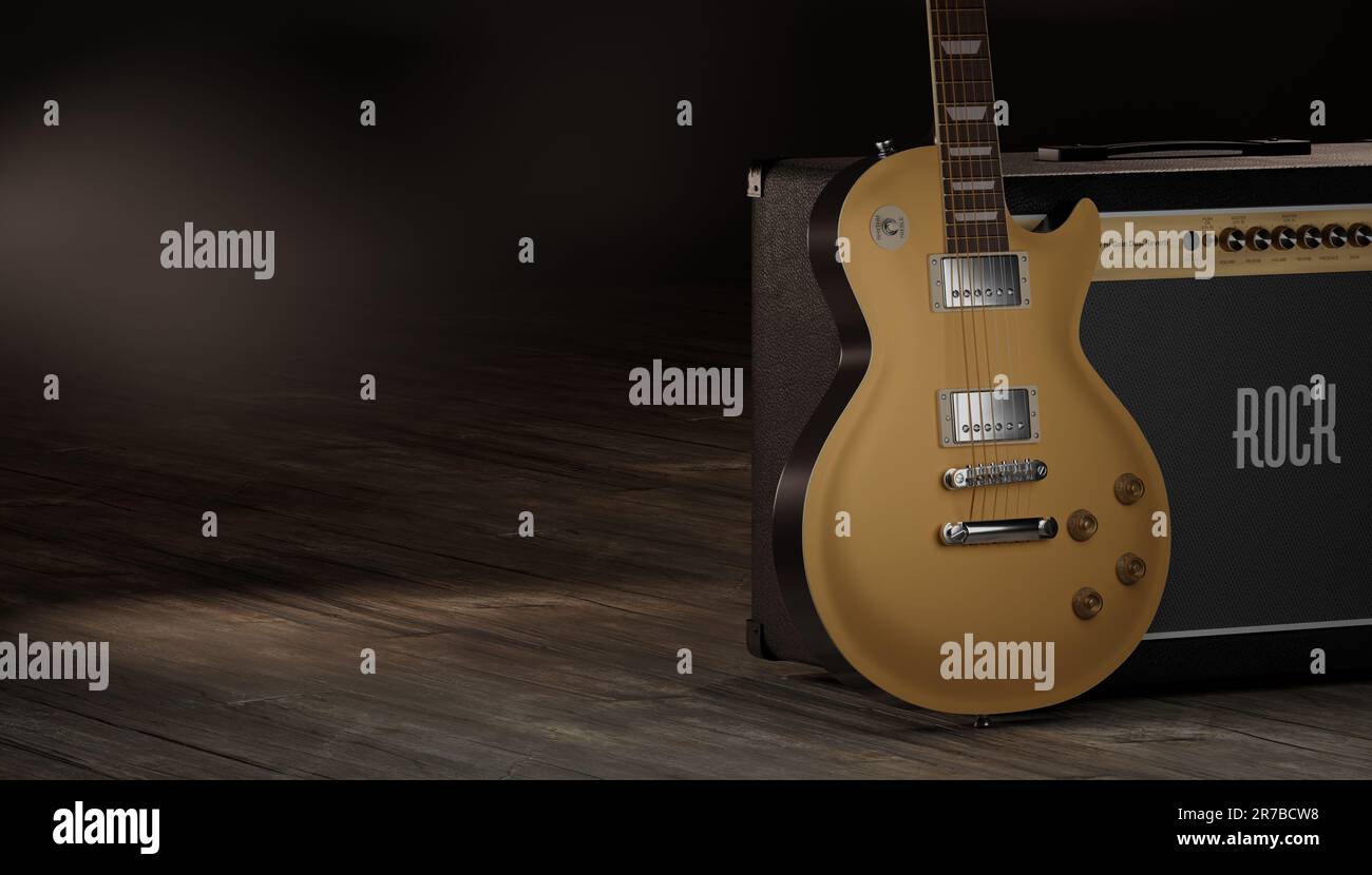 Rock Electric Guitar with amplifier on stage Stock Photo - Alamy